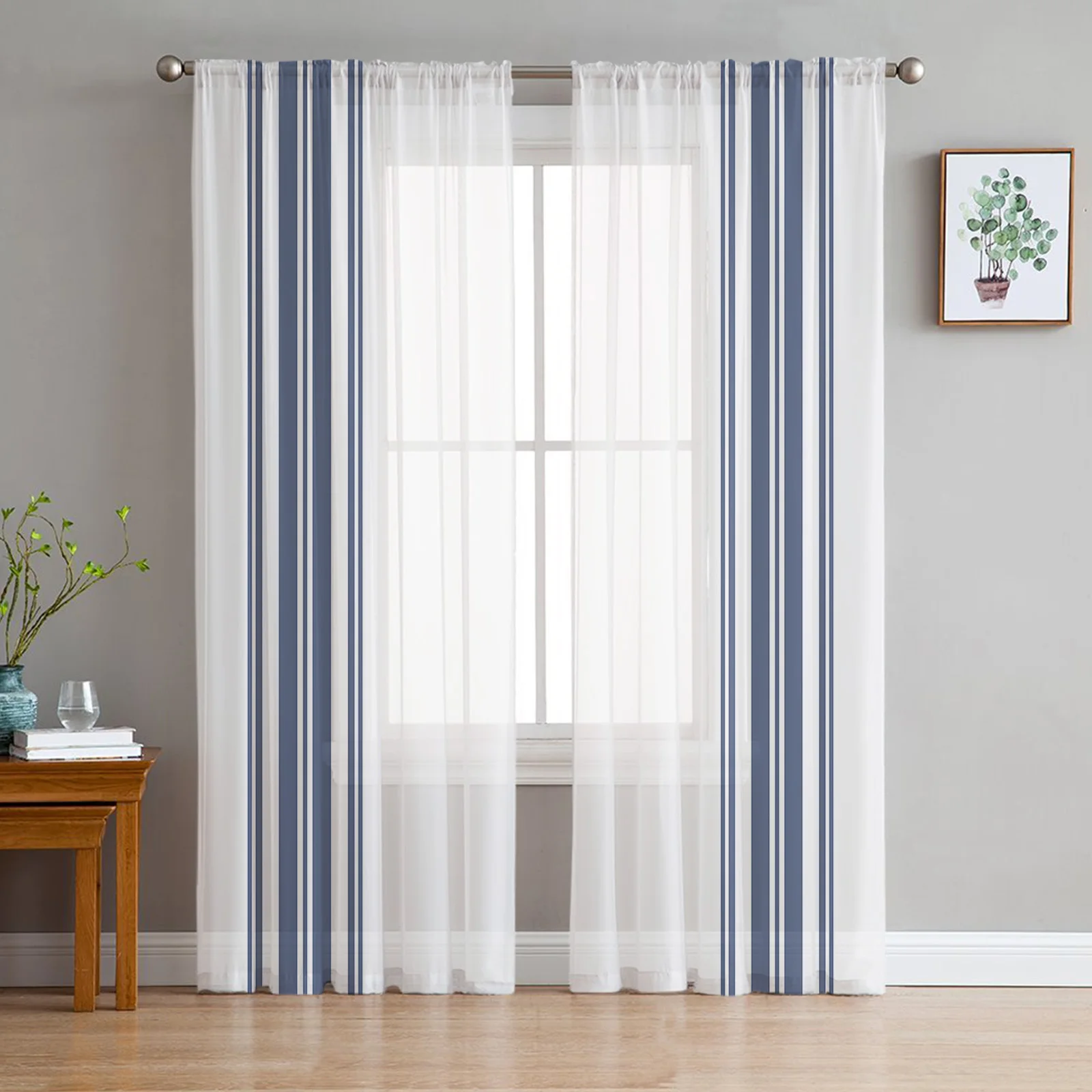 Farmhouse Stripes Blue Curtain Tulle Decorative Sheer Curtains for ...