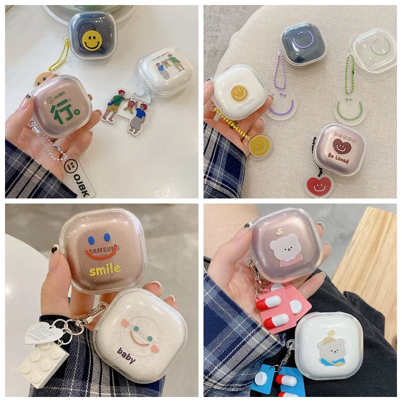 삼성 갤럭시 버드 라이브버즈 프로 케이스 갤럭시 버드 프로 2 용 귀여운 곰 스마일 실리콘 반짝이 투명 이어폰 커버이어폰