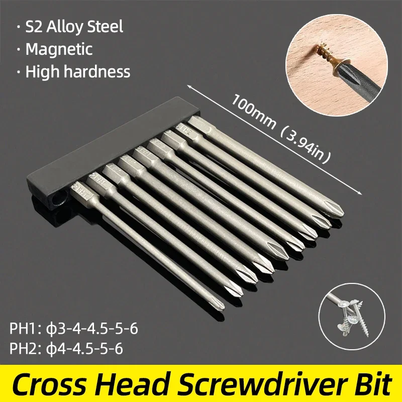 100mm Cross Head Screwdriver Bit Magnetic PH1 PH2 Phillips Screw Driver ...