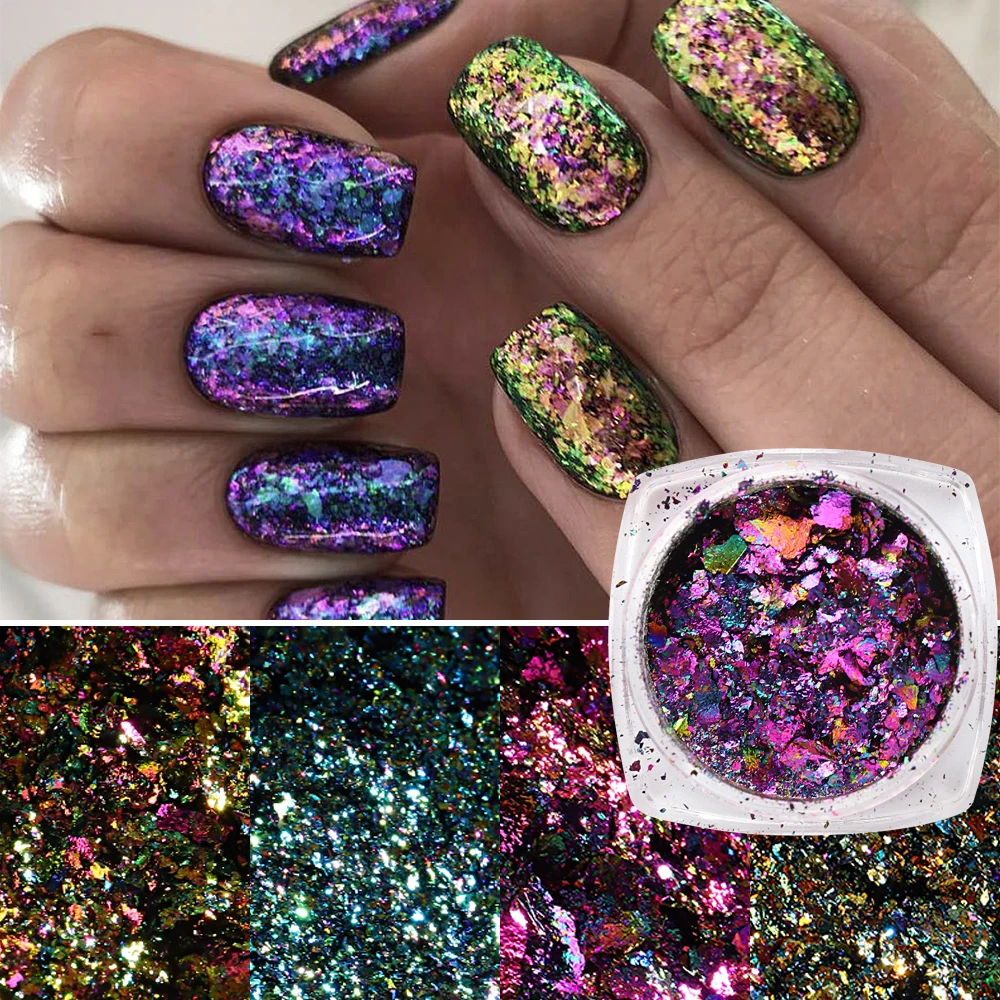 1box Chameleon Nail Flakes Chrome Powder Fire Crystal Opal Flakes Gold Leaf For Nail Aluminum ...