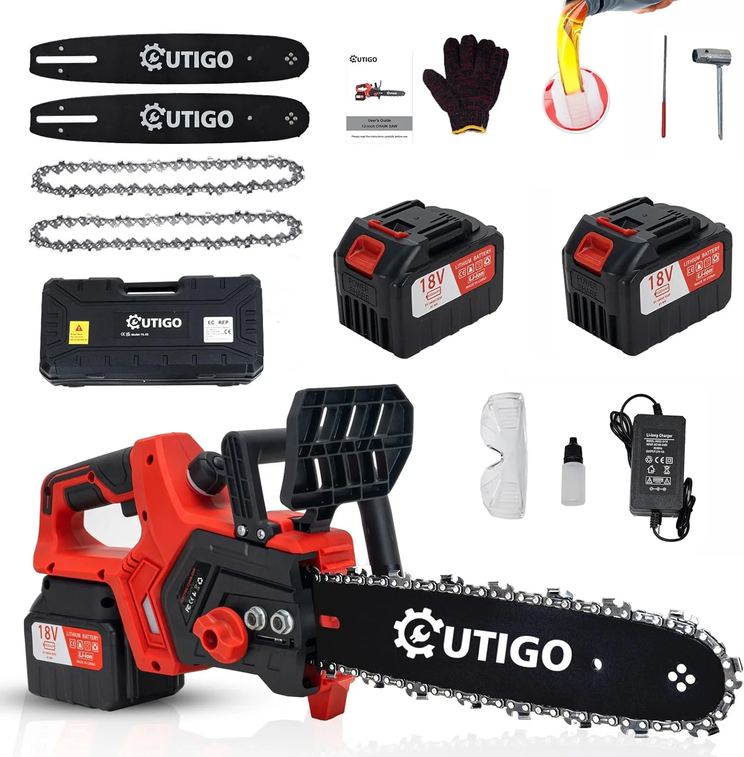 12 Inch OUTIGO Cordless Electric Chainsaw, 2*4500mAh Battery, Brushless ...
