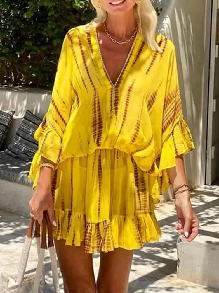 Women's Holiday Mini Dress Fashion Print V Neck High Waist Loose ...