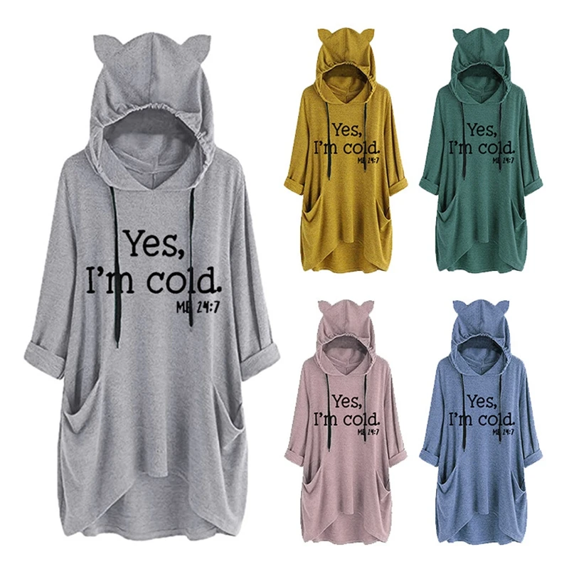 New Autumn And Winter Cotton Female Cat Ear Pocket Long Hooded Sweater ...