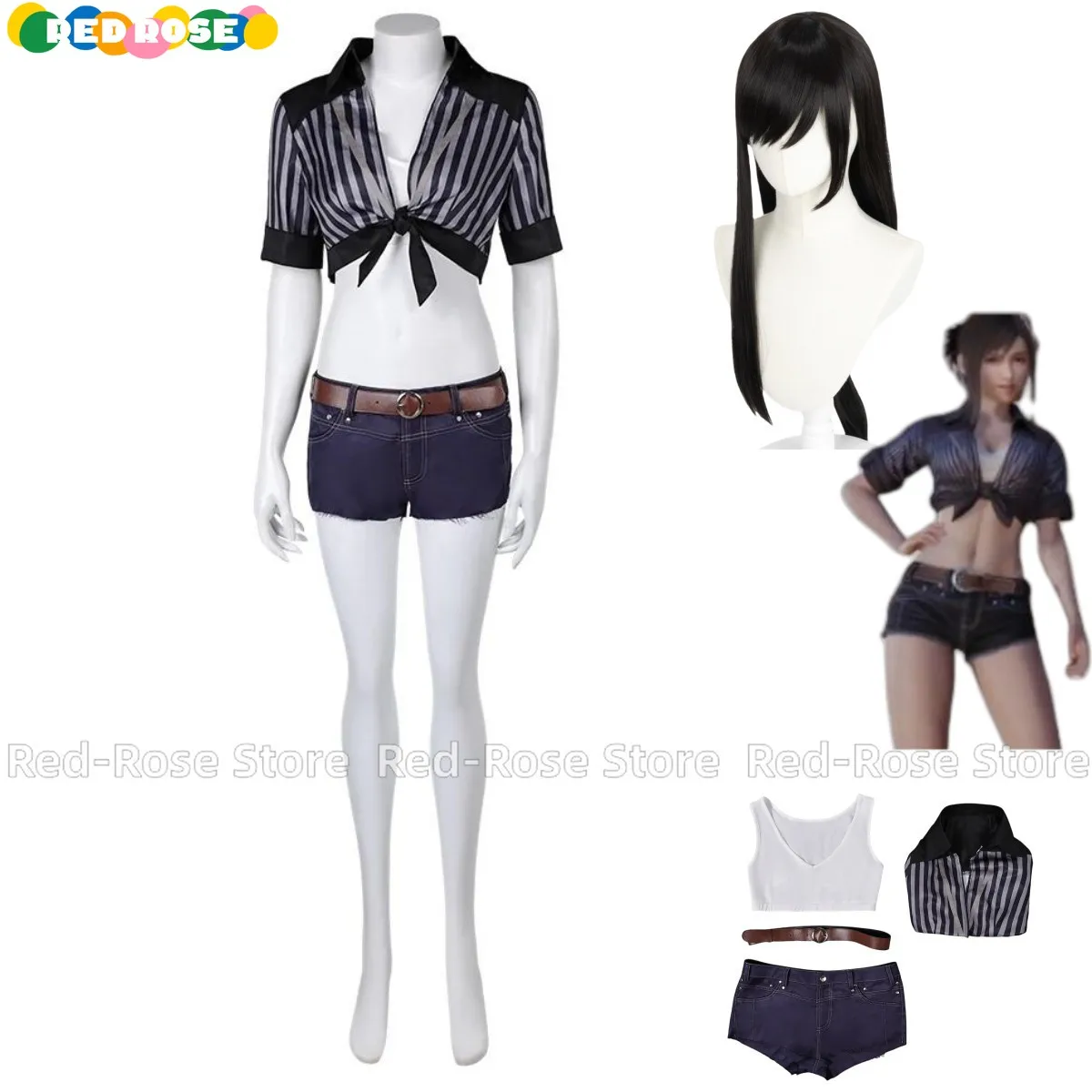 Game-Final-Fantasy-VII-Tifa-Lockhart-Cosplay-Costume-Wig-Stripe-Short ...