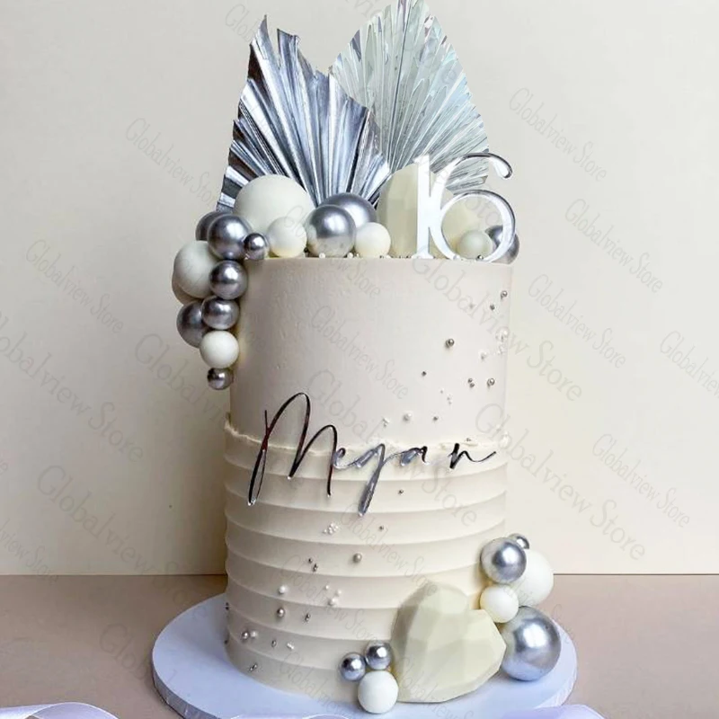 Silver-Cake-Decorations-White-Silver-Balls-Cake-Toppers-with-Paper-Palm ...