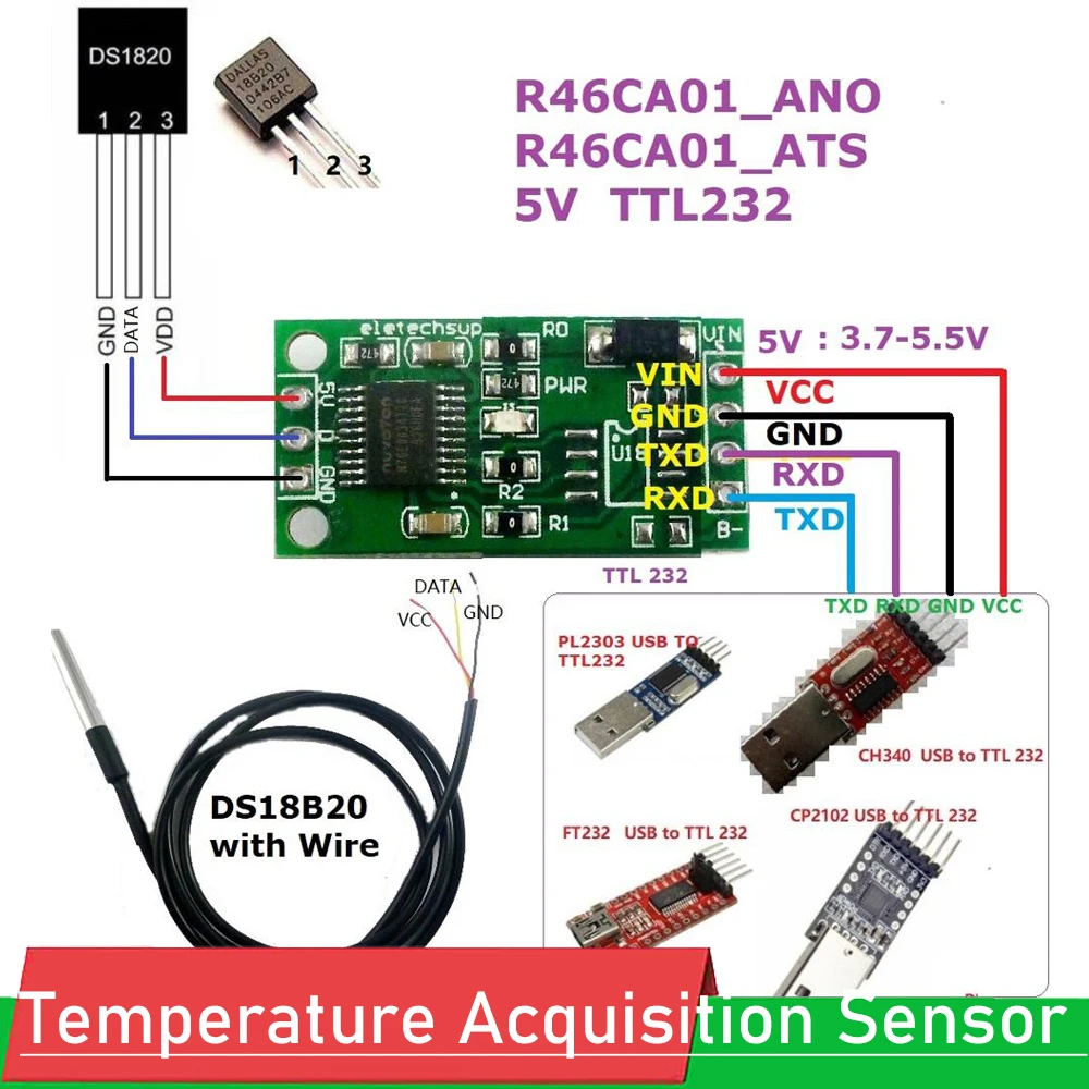 Generic Ds18b20 Rs485 Rs232 Ttl Com Uart Temperature Acquisition Sensor Modbus Rtu Module Dc 5v ...
