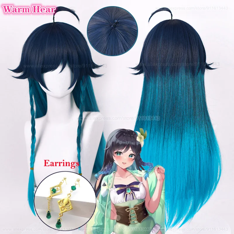 New! Game Genshin Impact Venti Cosplay Wig Female Long 65cm Blue ...