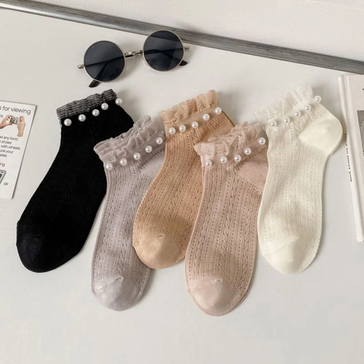 5 Pair/Lot Mesh Breathable Fashion Lace Socks Women Kawaii Pearl ...