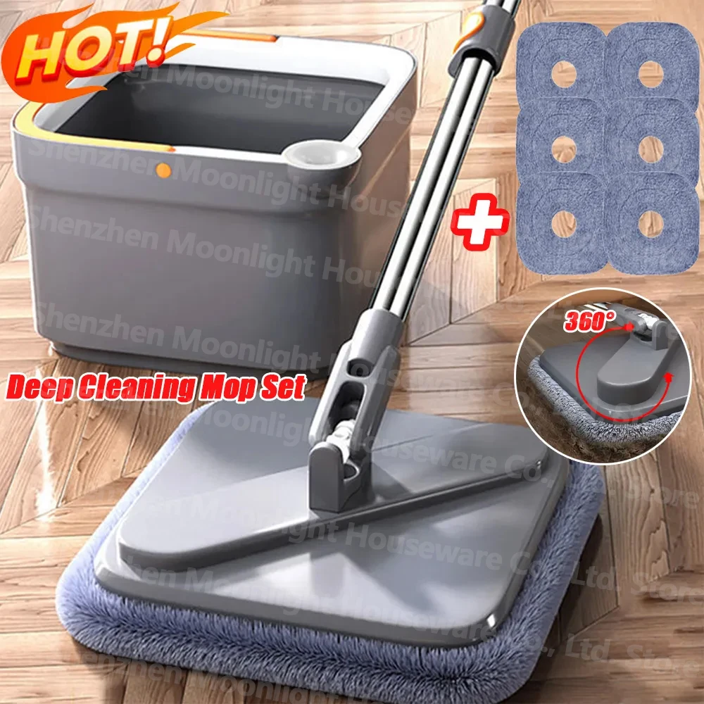 360-Square-Mop-Bucket-With-6PCS-Mop-Heads-Clean-Water-Sewage-Separation ...
