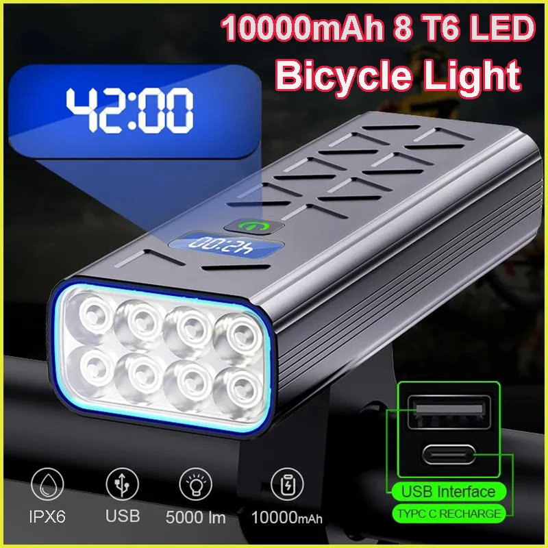 10000mAh-Bike-Front-Light-8-T6-LED-Flashlight-Rechargeable-8000-Lumen ...