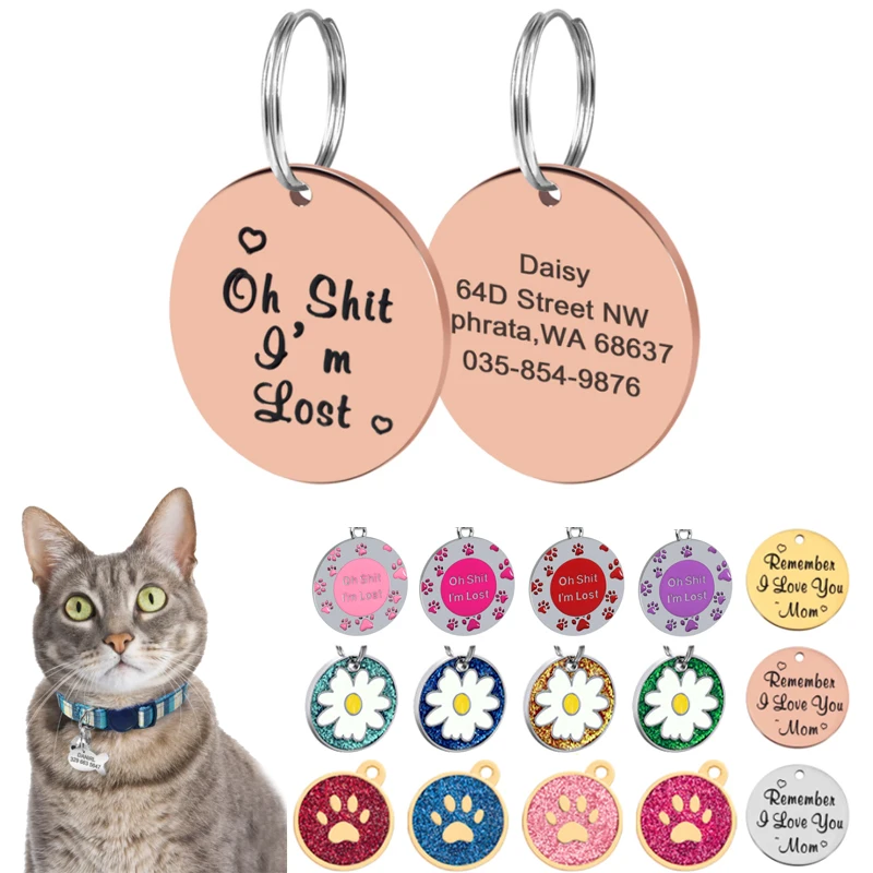 Personalized Pet Cat Dog Tag Collar Accessories Round Custom Engraved ...