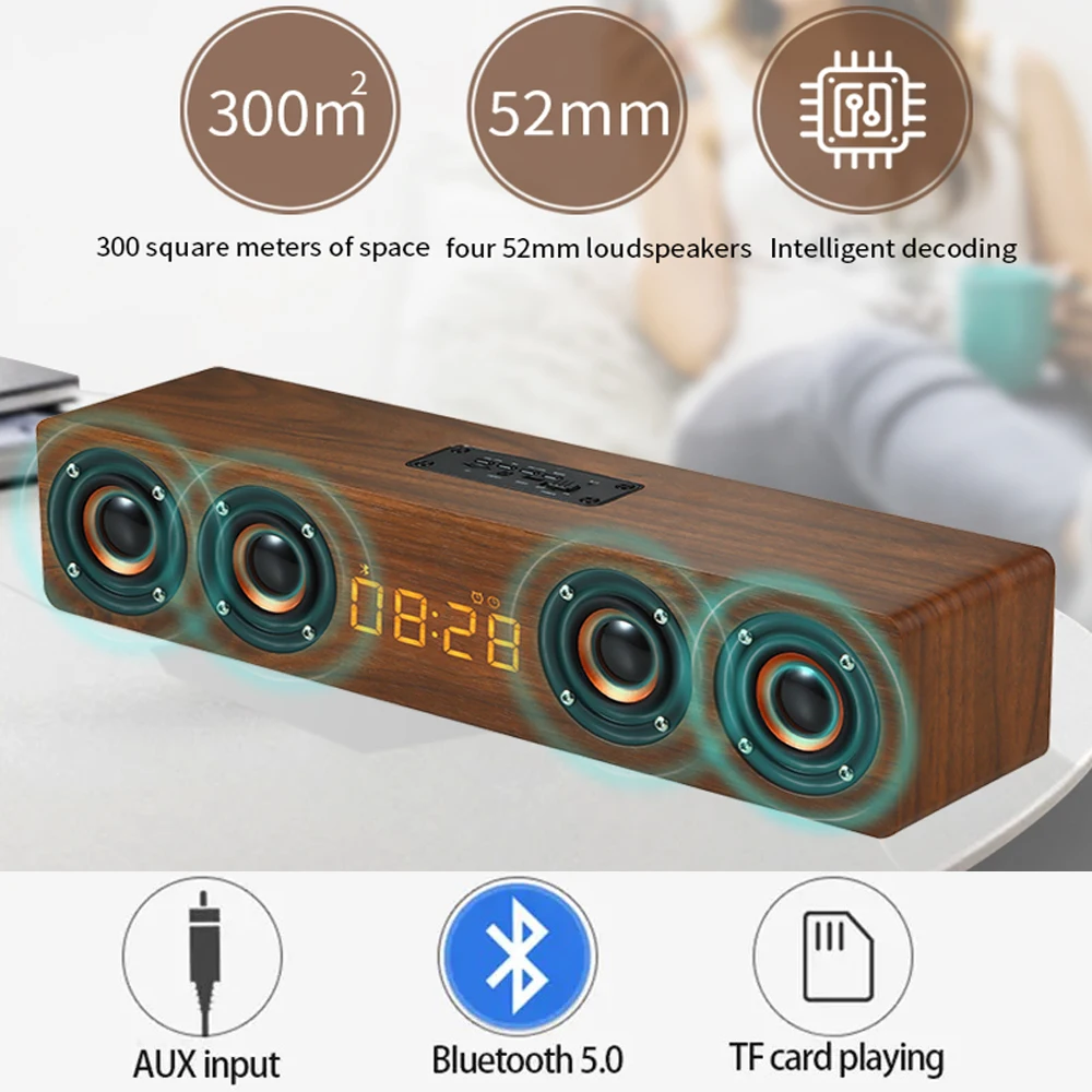 Reloj-despertador-de-madera-recargable-con-barra-de-sonido-Bluetooth ...