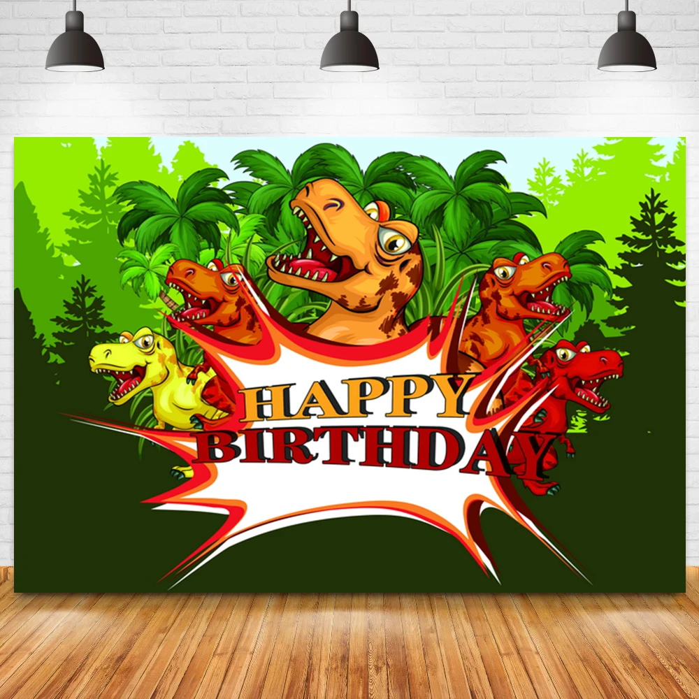 Dinosaur Birthday Background Primitive Jungle Animals Kids Forest Party ...