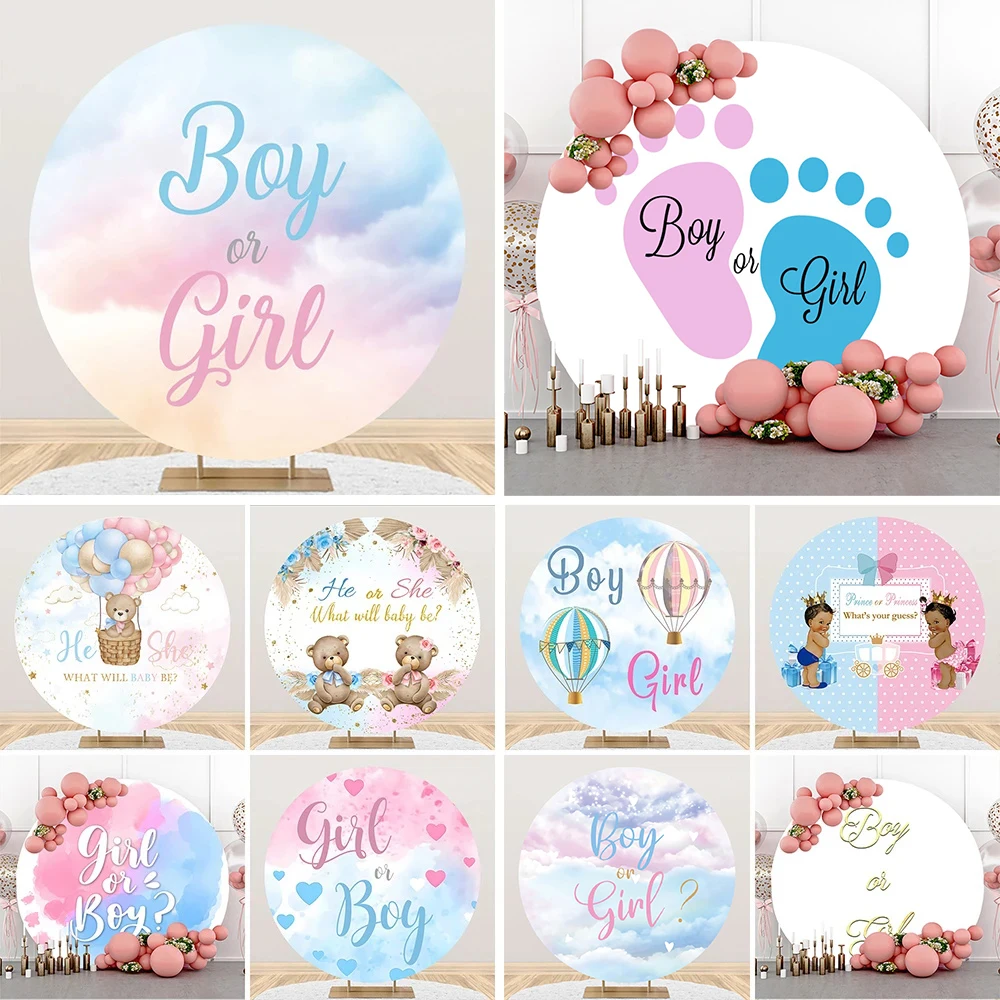 Neonato-Gender-Reveal-Party-Boy-o-Girl-Baby-Shower-sfondo-rotondo-He-Or ...
