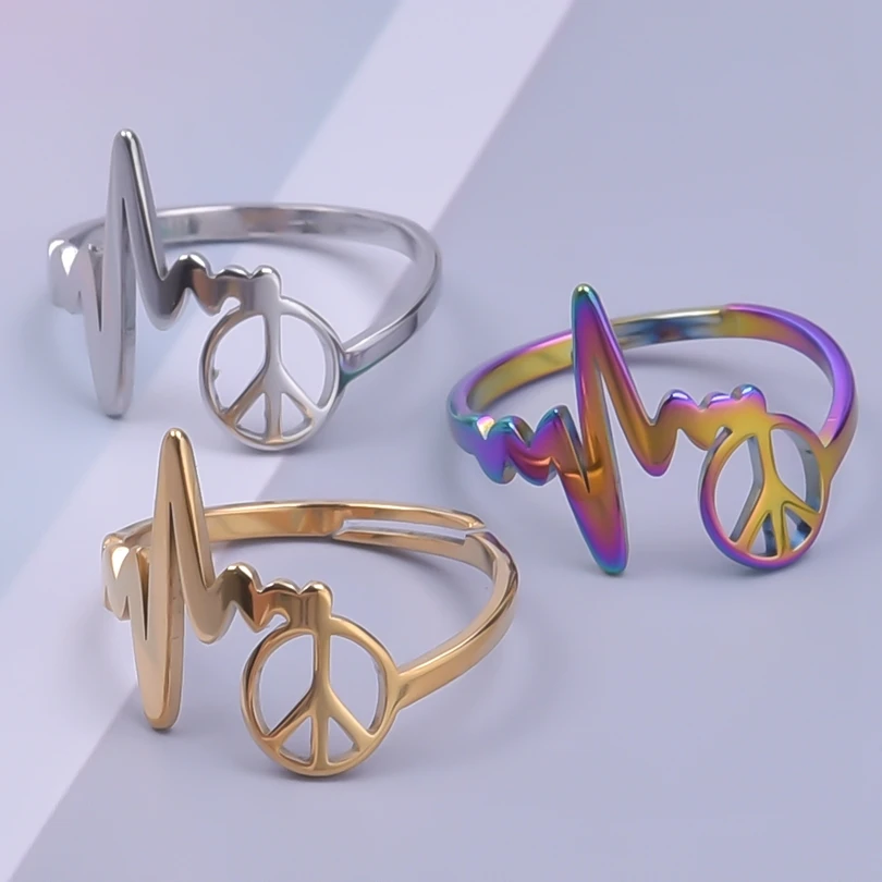 Anillos redondos con símbolo de la paz, joyería ajustable de acero inoxidable, regalo para ...