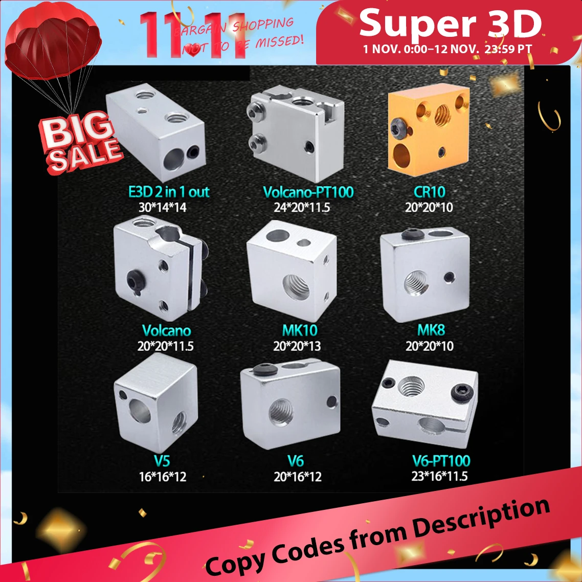 3d Accessories Heat Block E3d V5 V6 Mk7 Mk8 Mk2 Mk10 Volcano Pt100 Cr10 ...