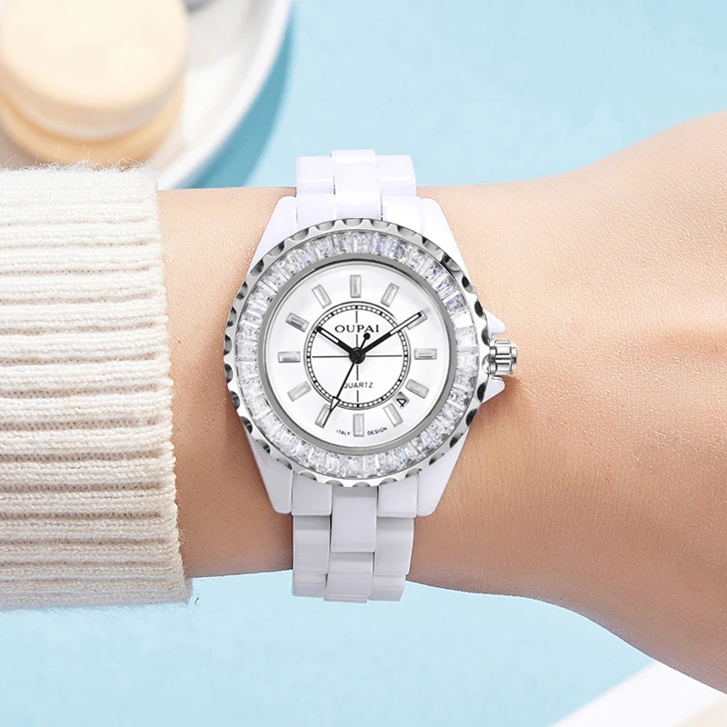 Oupai round dial, white ceramic strap watch, women's diamond-set water ...