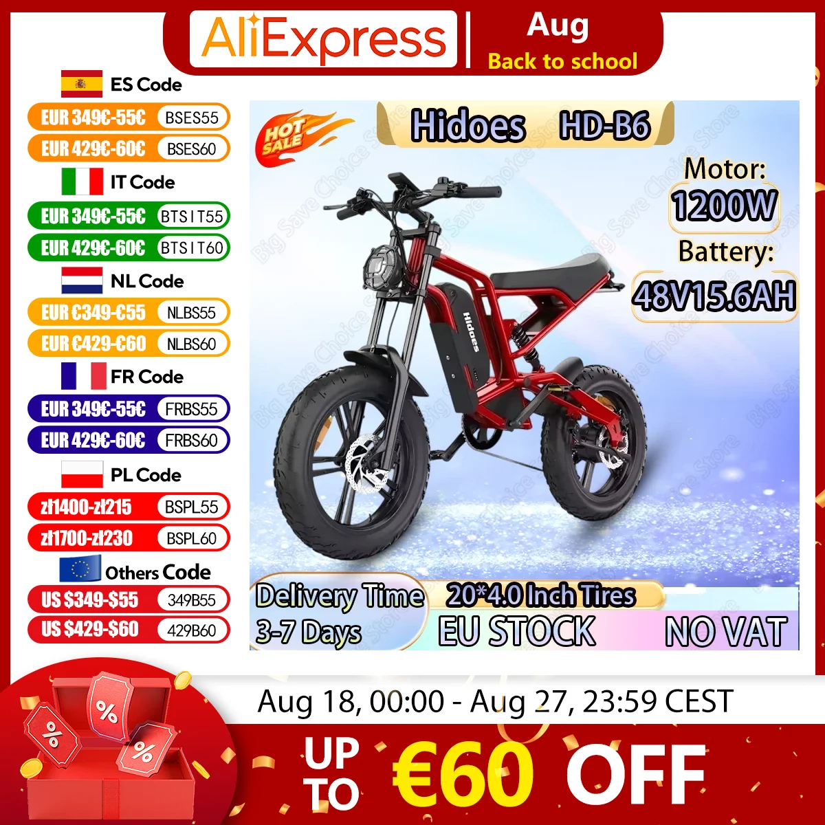 Hidoes HD-B6 Electric Bicycle 1200W Powerful Motor 48V15.6AH Lithium ...