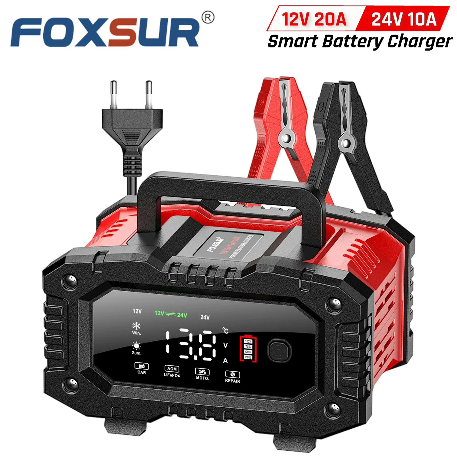 FOXSUR-Portable-Car-Battery-Charger-12V-20A-24V-10A-Motorcycle-Truck ...