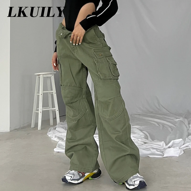 Army Green Baggy Cargo Jeans Y2k Vintage Women Pants Button Pockets ...