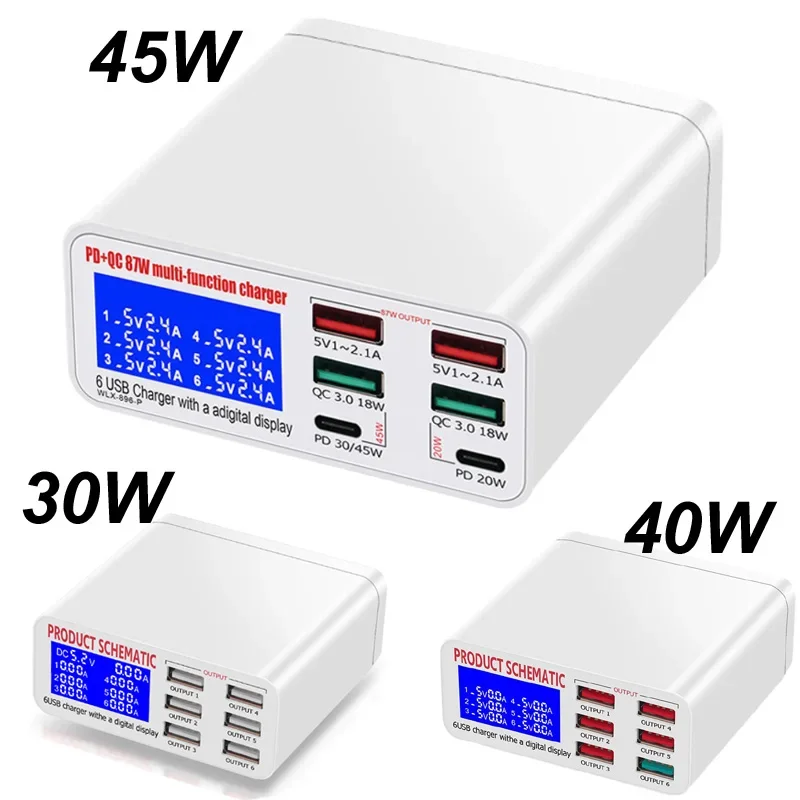 Digital LCD 6 Ports USB Smart Fast Charger Station Charging HUB 30W/40W ...