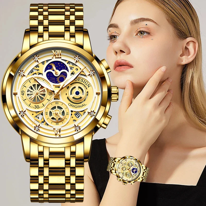 LIGE Luxury Ladies Watch Women Waterproof Golden Steel Strap Women ...