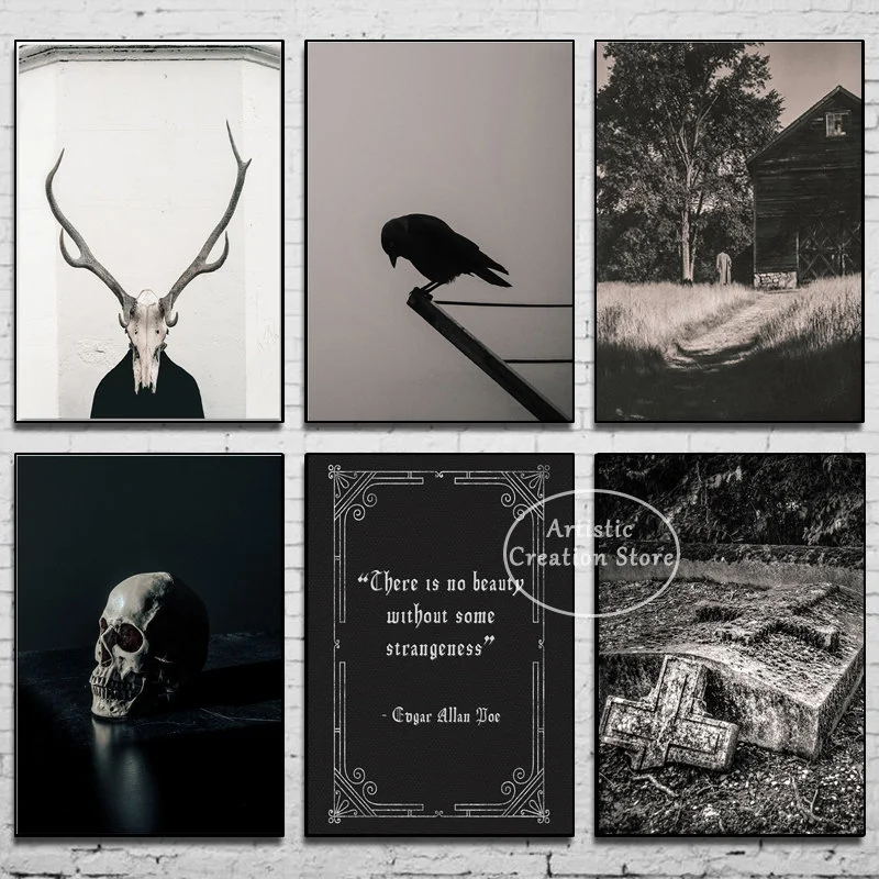 Dark Witchy Horror Goth Skull Crow Macabre Poster Art Canvas Painting ...