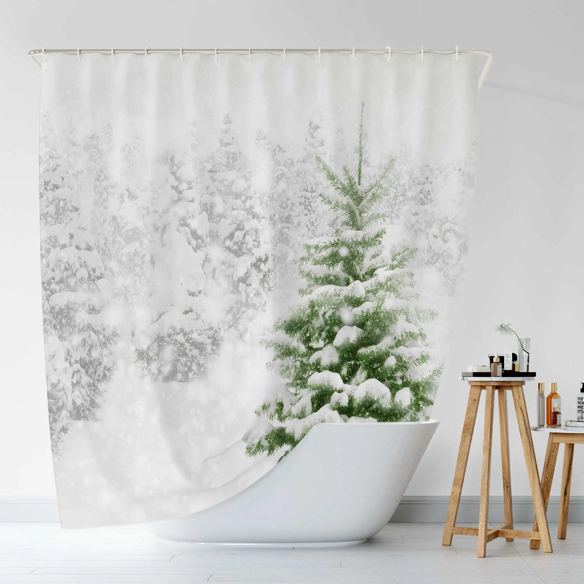 72" X 72" Christmas Shower Curtain Set Winter Forest Snowfall Bathroom ...
