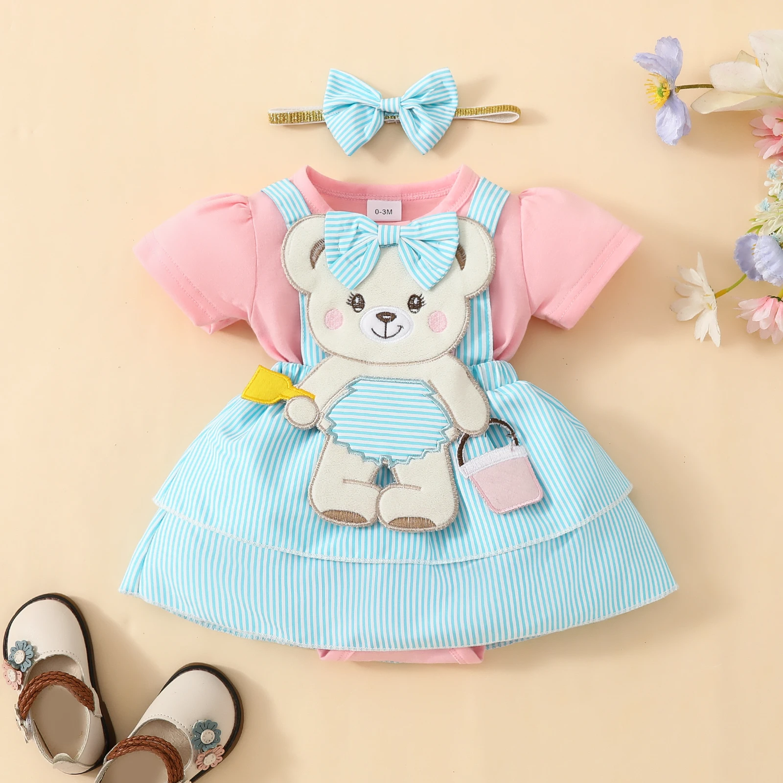 Baby-Girl-s-ador-vel-Cartoon-Bear-Bodysuit-conjunto-de-saia-listrada ...