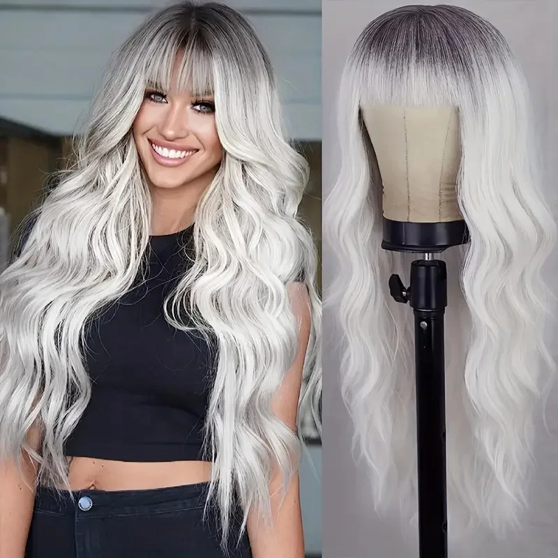Gradient-White-Long-Wave-Wig-Deep-Root-Synthetic-Hair-Long-Gray-Gold ...