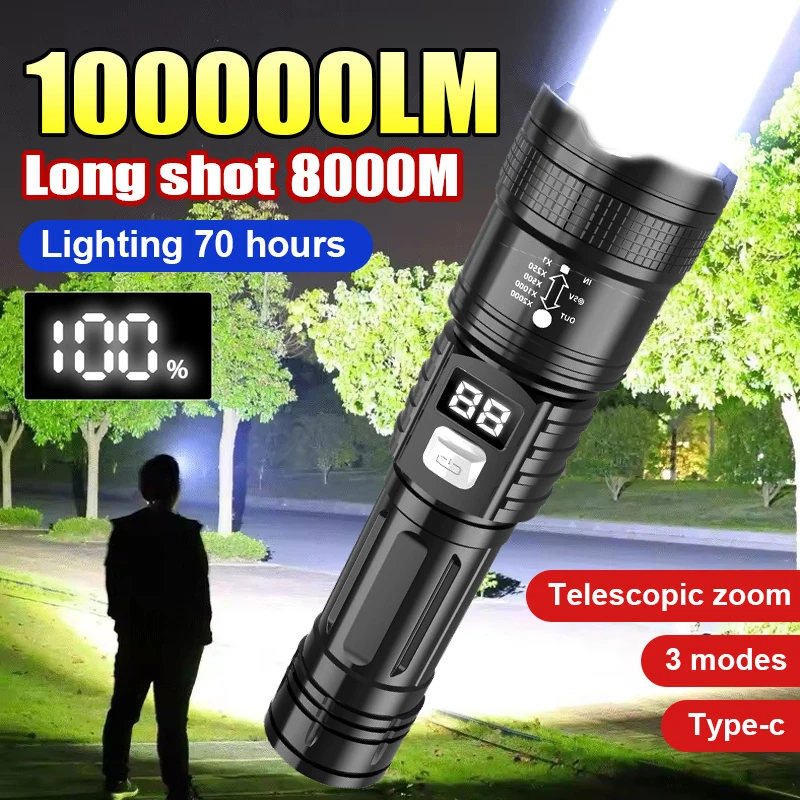 100000LM High Power Led Flashlight Powerful USB Rechargeable Light ...
