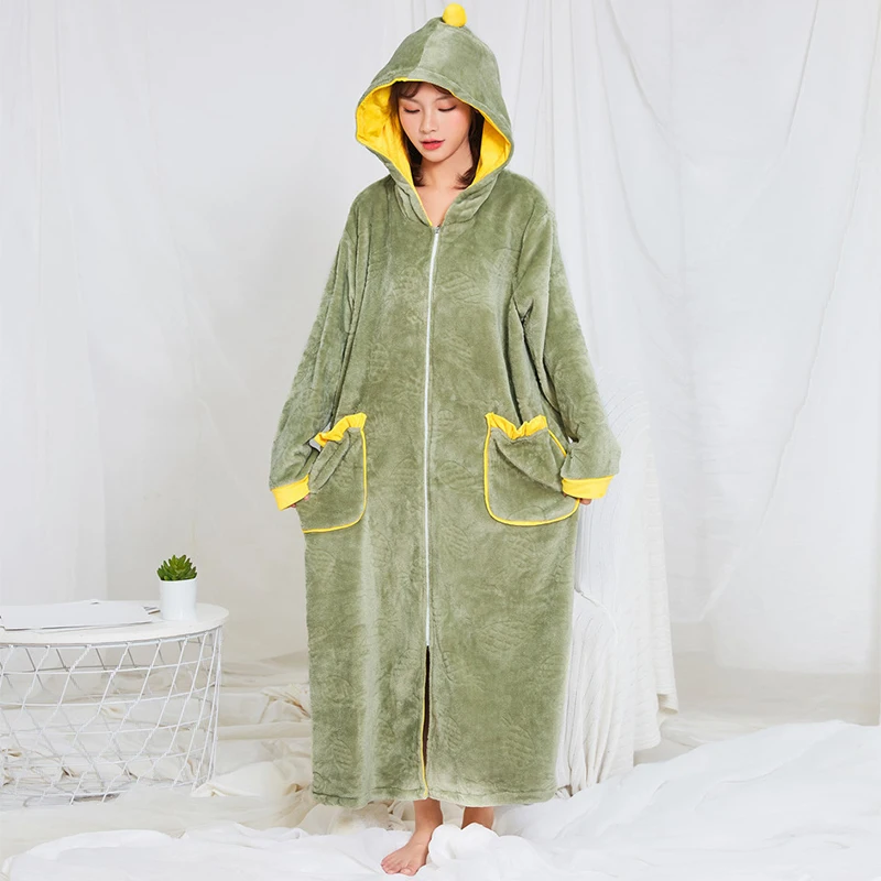Winter-Long-Warm-Robe-Women-Coral-Fleece-Flannel-Hoody-Thermal-Bathrobe ...