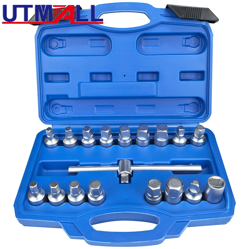 18pcs Oil Drain Plug Removal Tool Key Set Square Hexagon Socket Kit 3/8 ...