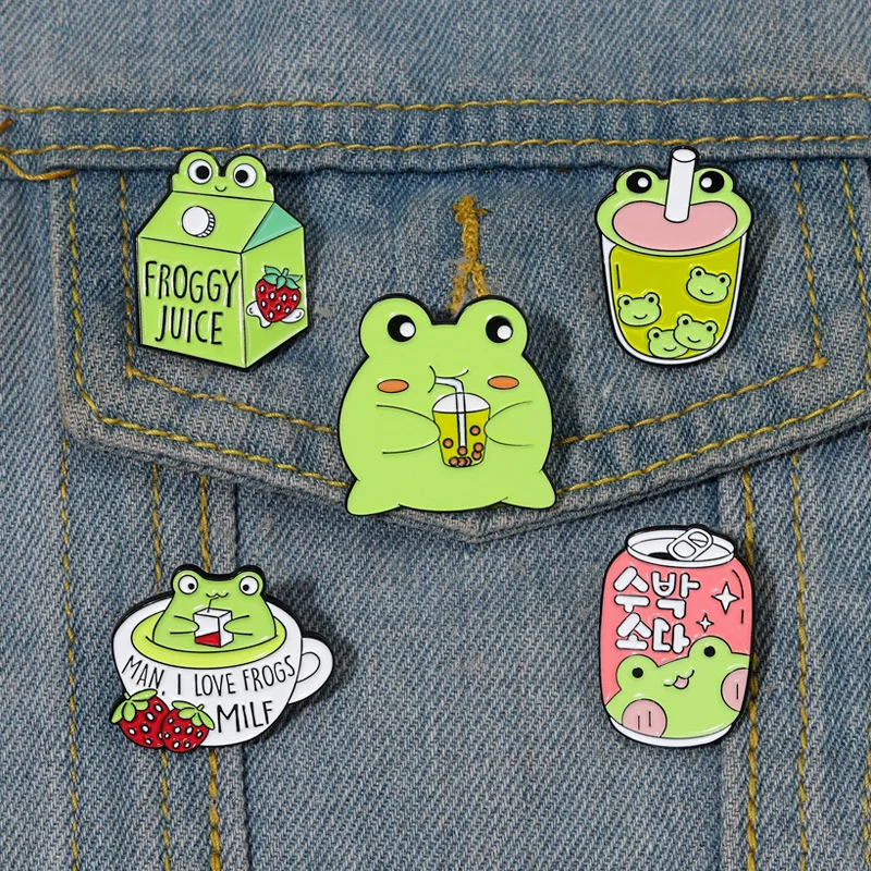 Green-Frog-Enamel-Pins-Cartoon-Froggy-Drink-Milk-Lapel-Pin-Accessories ...