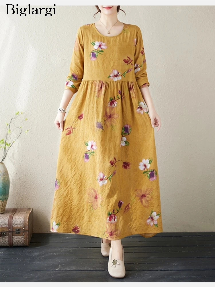 Oversized-Spring-Summer-Long-Cotton-Linen-Dress-Women-Flower-Floral ...
