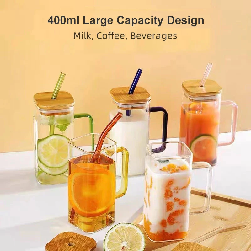 400ml Square Glass Mug With Lid and Straw Breakfast Milk Cup Microwave Safe Transparent Party ...