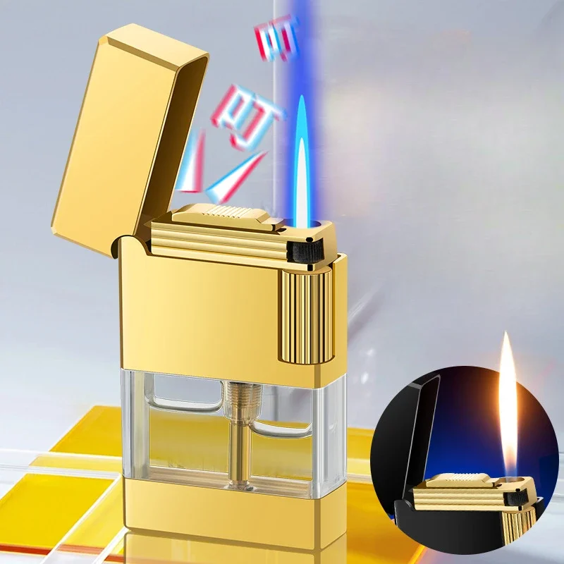 2 In 1 Metal Butane Gas Lighter Transparent Oil Tank Jet Fire & Open ...