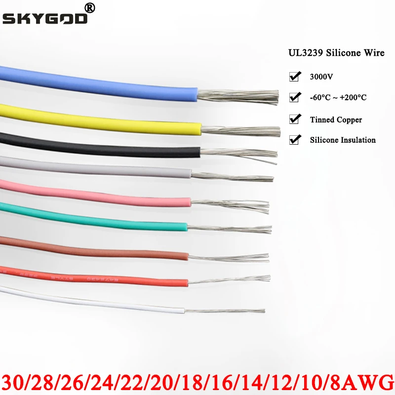 2m/5m Ul3239 3kv Flexible Soft Silicone Wire 30 28 26 24 22 20 18 16 14 Awg Insulated Tinned ...