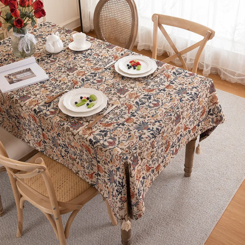 Cotton Linen Flower Tablecloth, Elegant and Retro Rectangle Dust-proof ...