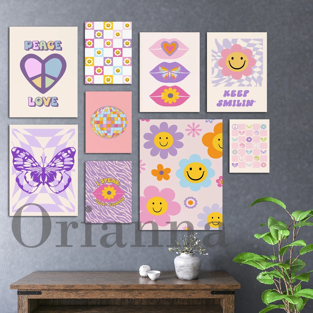 Danish Pastel Decor Peace Love Print Checkerboard Flower Lips Smiley ...