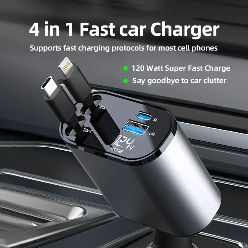 120 Watt Car Charger 4in1 Retractable Car Cigarette Lighter Adapter USB ...