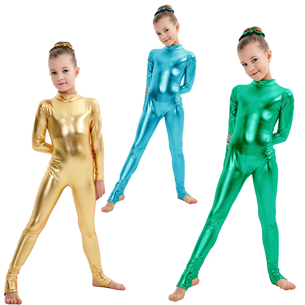 AOYLISEY-Girls-Shiny-Metallic-Unitards-Stirrups-Dance-Wear-Gymnastics ...