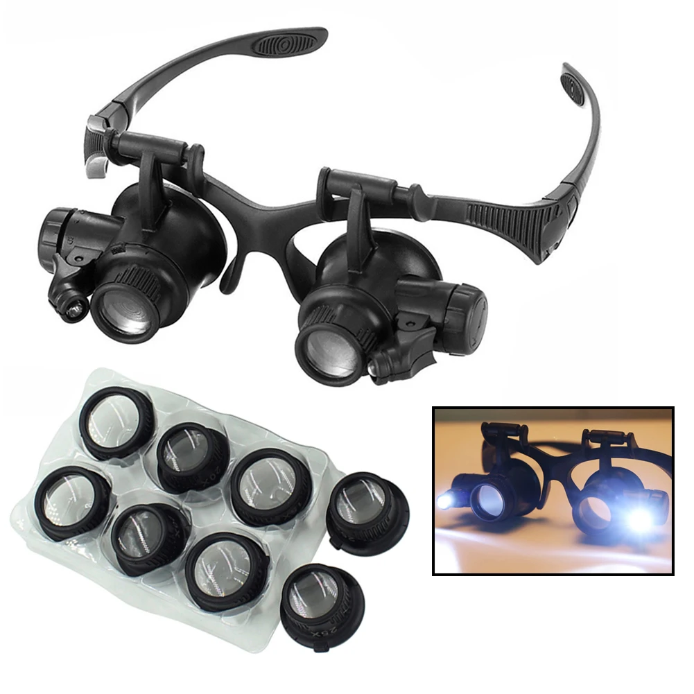 2LED Professional Magnifier Glasses 10X 15X 20X 25X Double Eye Loupe ...