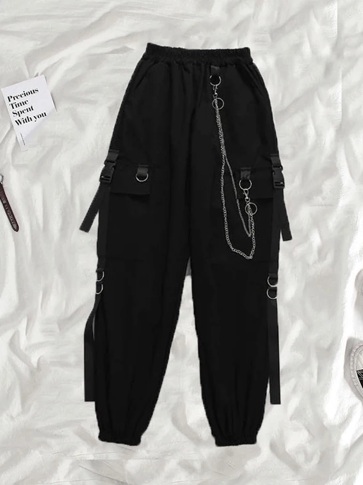 Houzhou Gothic Women Black Cargo Pants Harajuku Punk Chain Trousers ...