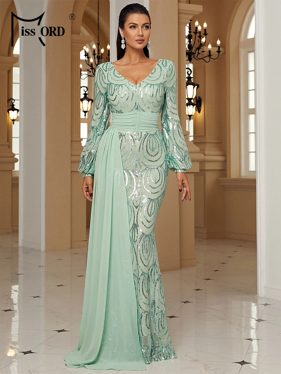 Missord Green Sequin Evening Dress Elegant Women Long Sleeve V-neck ...