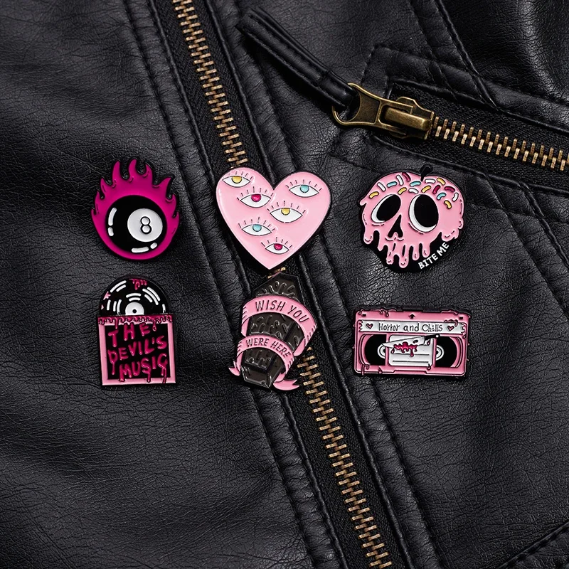 Gothic-Eyes-Heart-Coffin-Enamel-Pins-Cartoon-Pink-Series-Radio-Tape ...