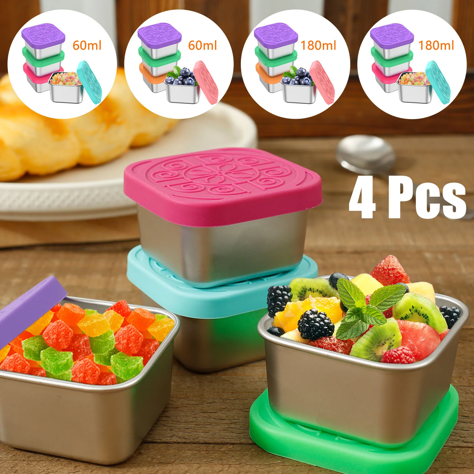 4Pcs Stainless Steel Snack Salad Box with Silicone Lid 2/6oz Leakproof ...