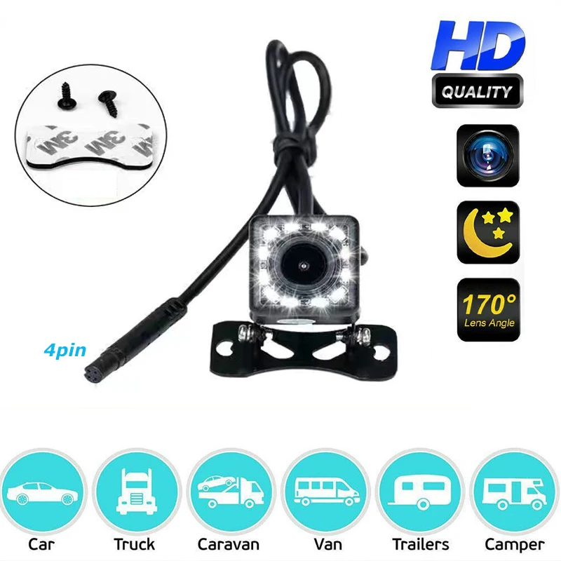 170 Degree Parking Camera 4 Pin HD Car Rear View Camera Reverse 12LED ...