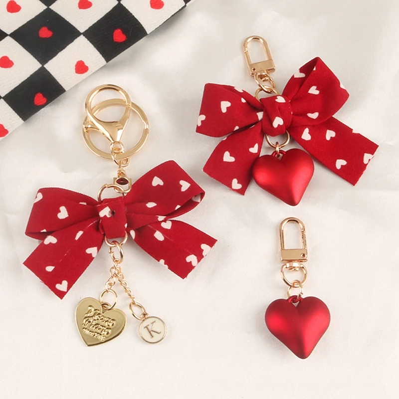 Red-Fabric-Heart-Keychain-Pendant-Cute-Heart-Floral-Ribbon-Bow-Resin ...