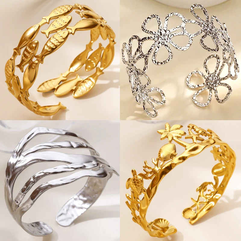 Stainless Steel Cluster Fish Bangles for Women Gold Color Irregular ...